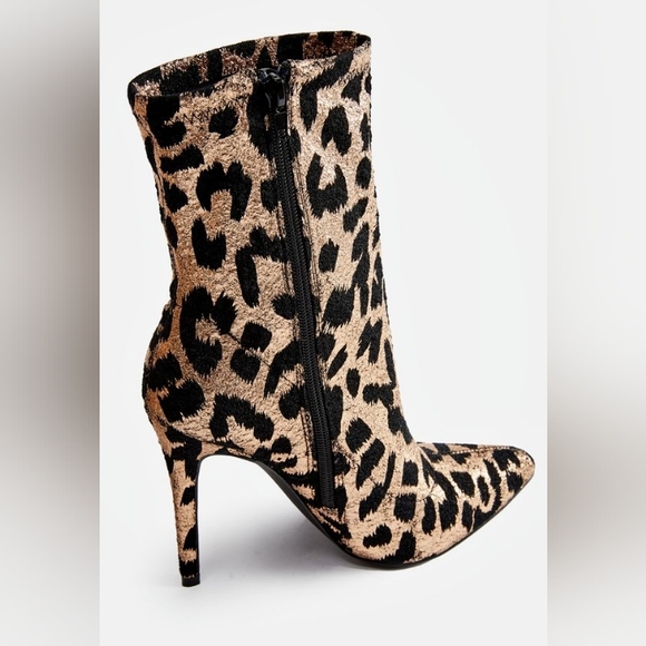 JustFab | Shoes | Shylan Leopard Print Stiletto Bootie Metallic Gold ...